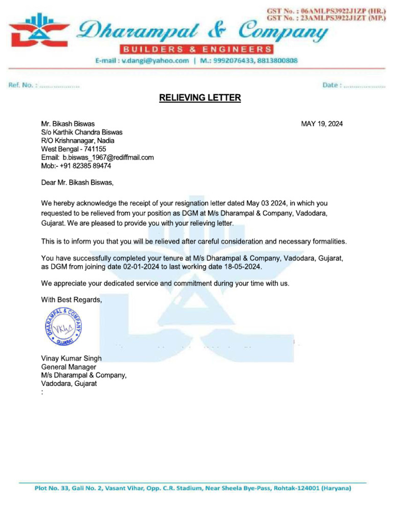 Releiving Letter Gj-Site 02 - 001 | PDF