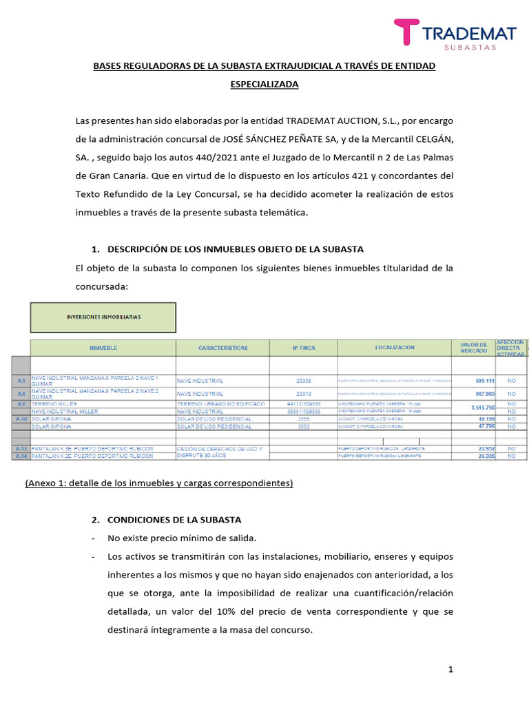Condiciones Subasta JSP CELGAN2.2 | PDF | Subasta