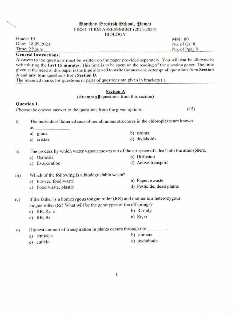 Biology - FTA - 2023-24 | PDF