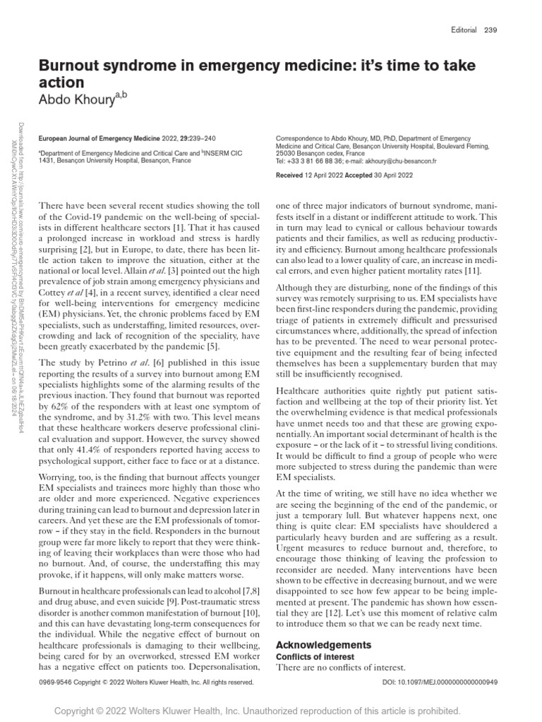 Burnout Syndrome in Emergency Medicine It S Time.1 | PDF | Occupational ...