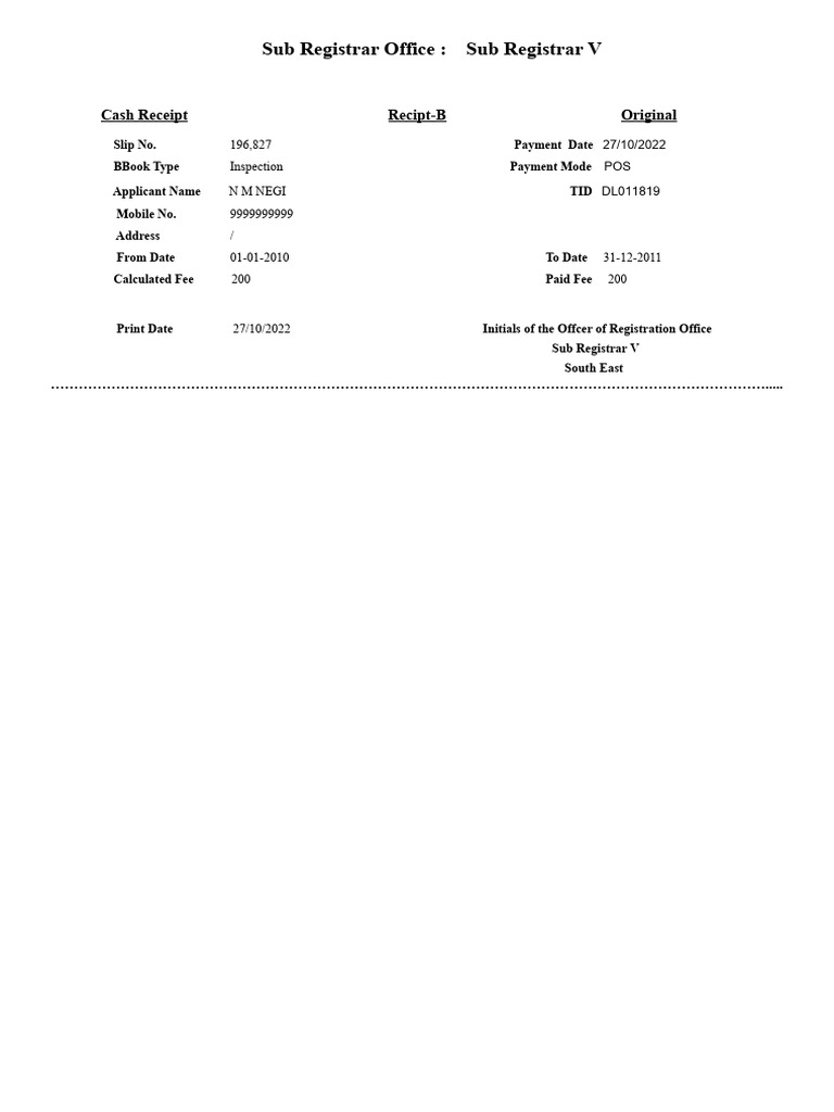Sub Registrar Office: Sub Registrar V: Cash Receipt Recipt-B Original | PDF