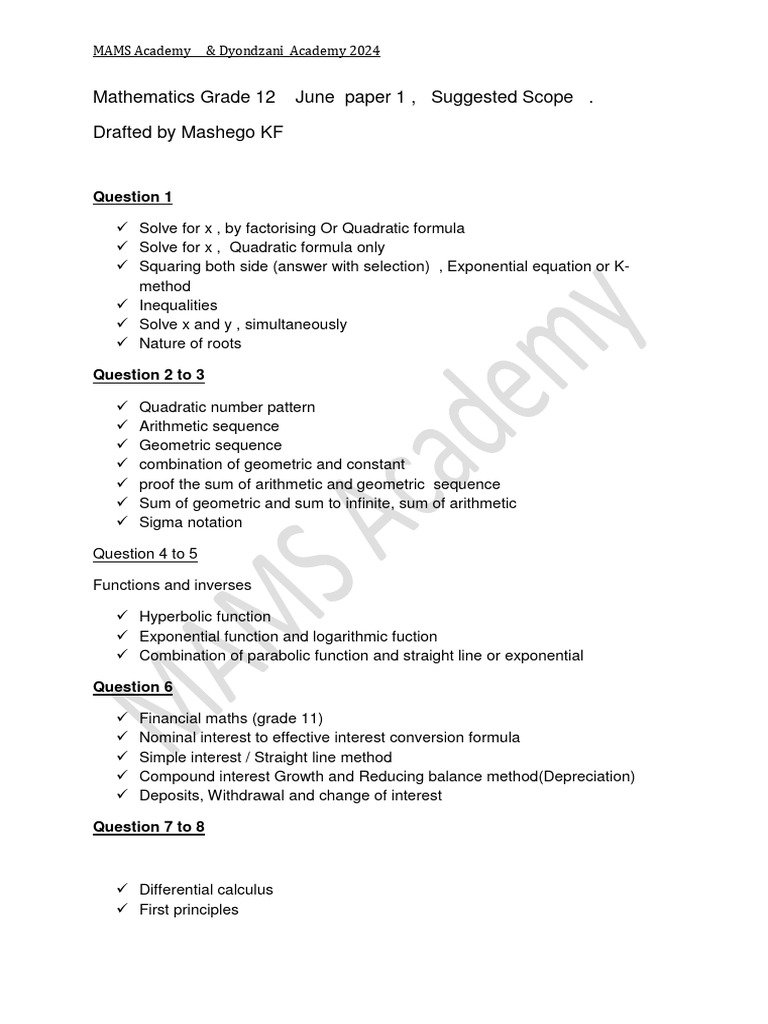 Mathematics Grade 12 June Paper 1 | PDF