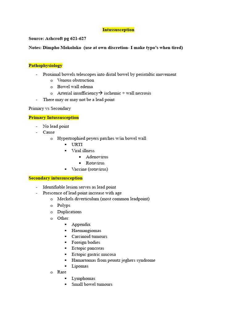 Intussusception DGM Notes | PDF | Medical Specialties | Gastroenterology