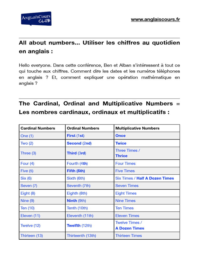 Chiffres en anglais : Nombres et dates | PDF | Notation (mathématiques ...