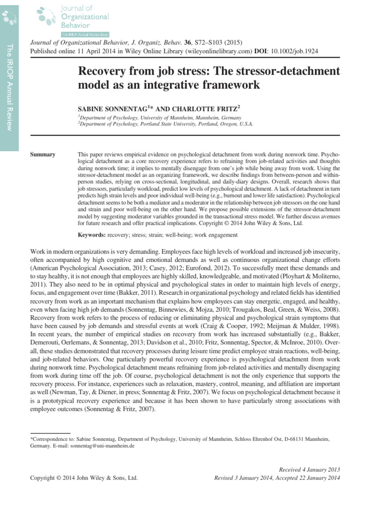 J Organ Behavior - 2014 - Sonnentag - Recovery From Job Stress The ...