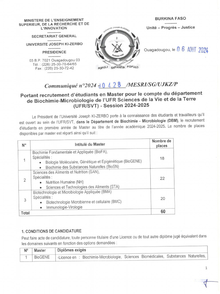 Communiqué Recrutement Master D-BMB 2024-2025 UFR-SVT | PDF