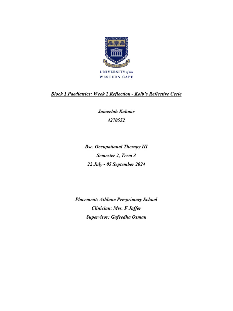 Block 1 Paediatrics - Week 2 Reflection - Kolb's Reflective Cycle | PDF ...