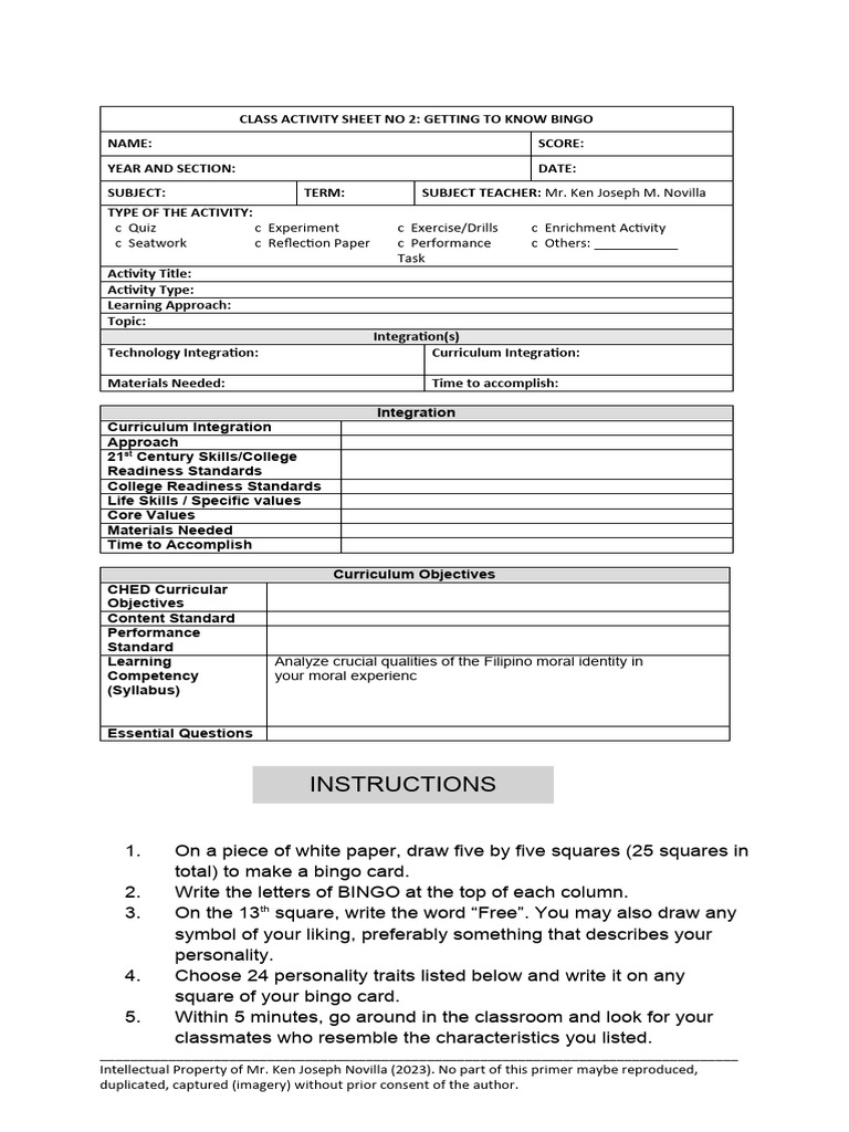 Class Activity Sheet 2 Getting To Know Bingo | PDF | Curriculum | Learning