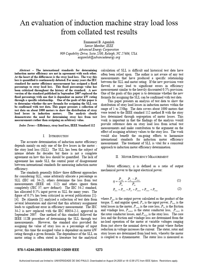 2009 An Evaluation Of Induction Machine Stray Load Loss From Collated Test Results Pdf