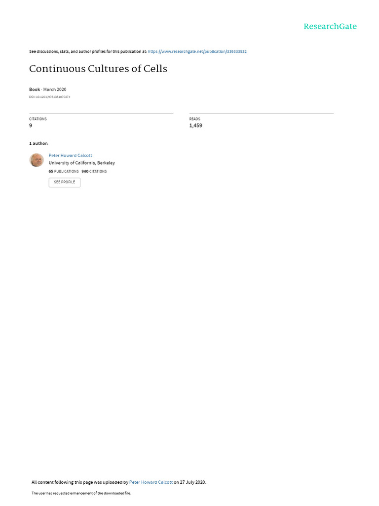 Continuous Cultures of Cells | PDF | Growth Medium | Biology