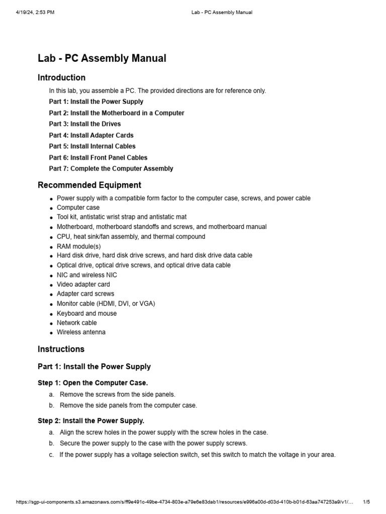 Lab - PC Assembly Manual | PDF | Electrical Connector | Personal Computers