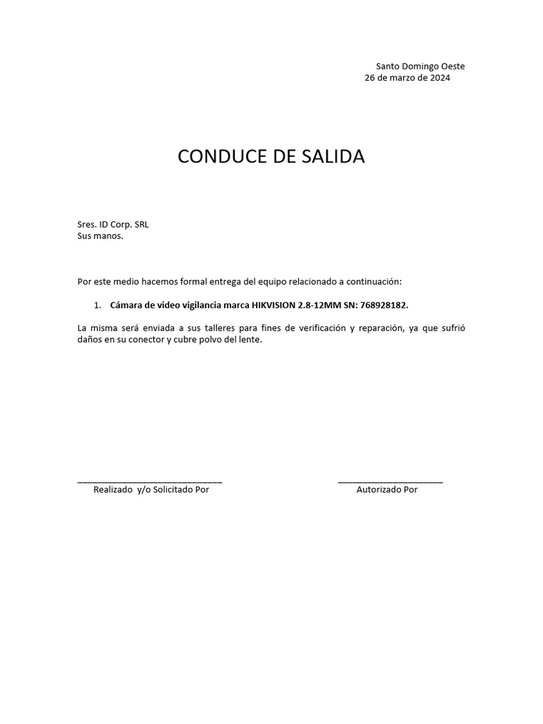 Entrega de Cámara para Reparación | PDF