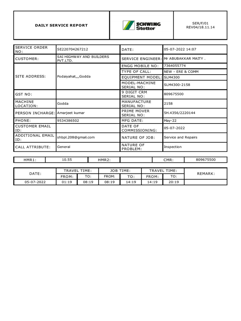 Daily Service Report for SLM4300 Machine | PDF | Manufactured Goods ...