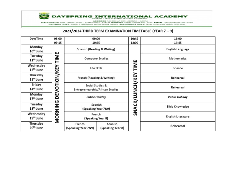 Lower Sec. 2024 Third Term EOT Timetable | PDF