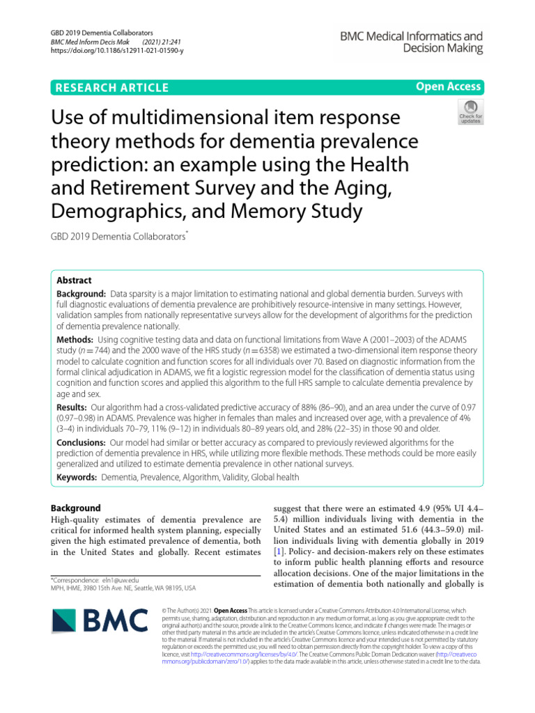 Use_of_multidimensional_item_response_th | PDF | Dementia | Logistic ...