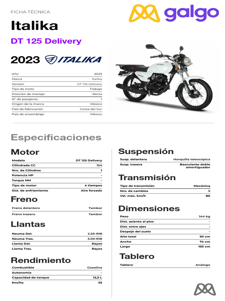 Ficha T Cnica Italika DT 125 Delivery Galgo M Xico | PDF