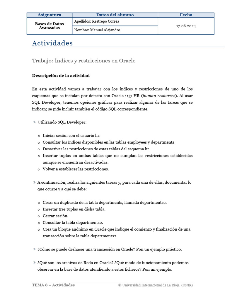 Indices YRestricciones en Oracle Manuel Alejandro Restrepo | PDF | SQL ...