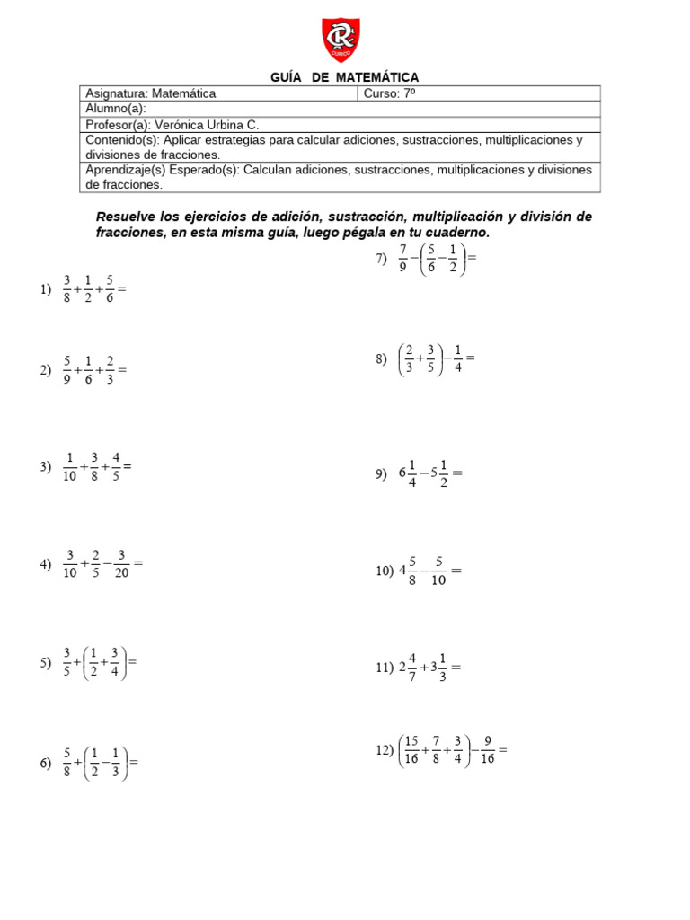 Fracciones Suma Resta Multiplicacion y Division de Fracciones 7 | PDF ...