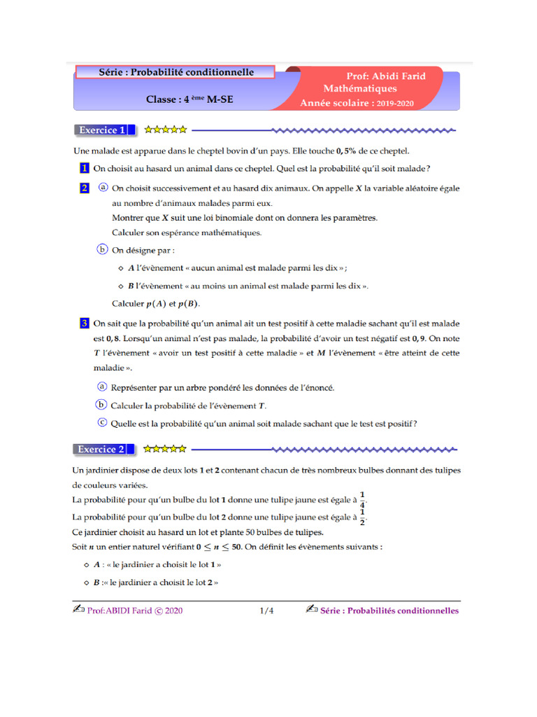 Séries D - Exercices Probabilité MR Abidi Farid | PDF