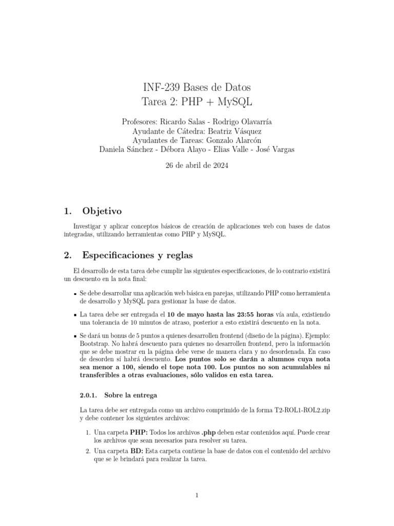 Inf-239 Bases de Datos Tarea 2: PHP + Mysql: 1. Objetivo | PDF | Hotel | Archivo de computadora