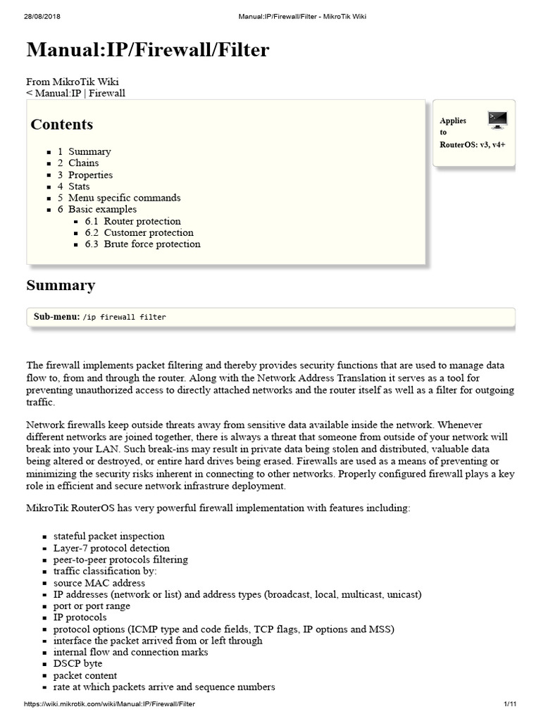 Manual IP Firewall Filter - MikroTik Wiki | PDF | Port (Computer Networking) | Router (Computing)