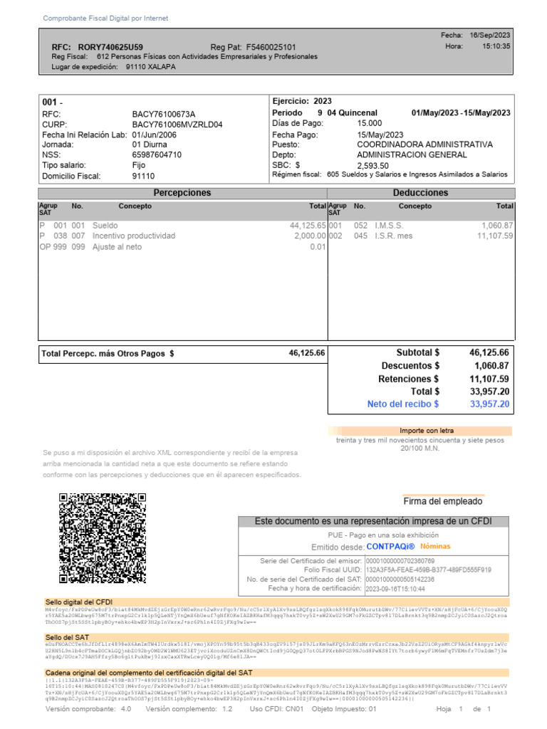 1er Quincena Mayo 2023 Nominas | PDF