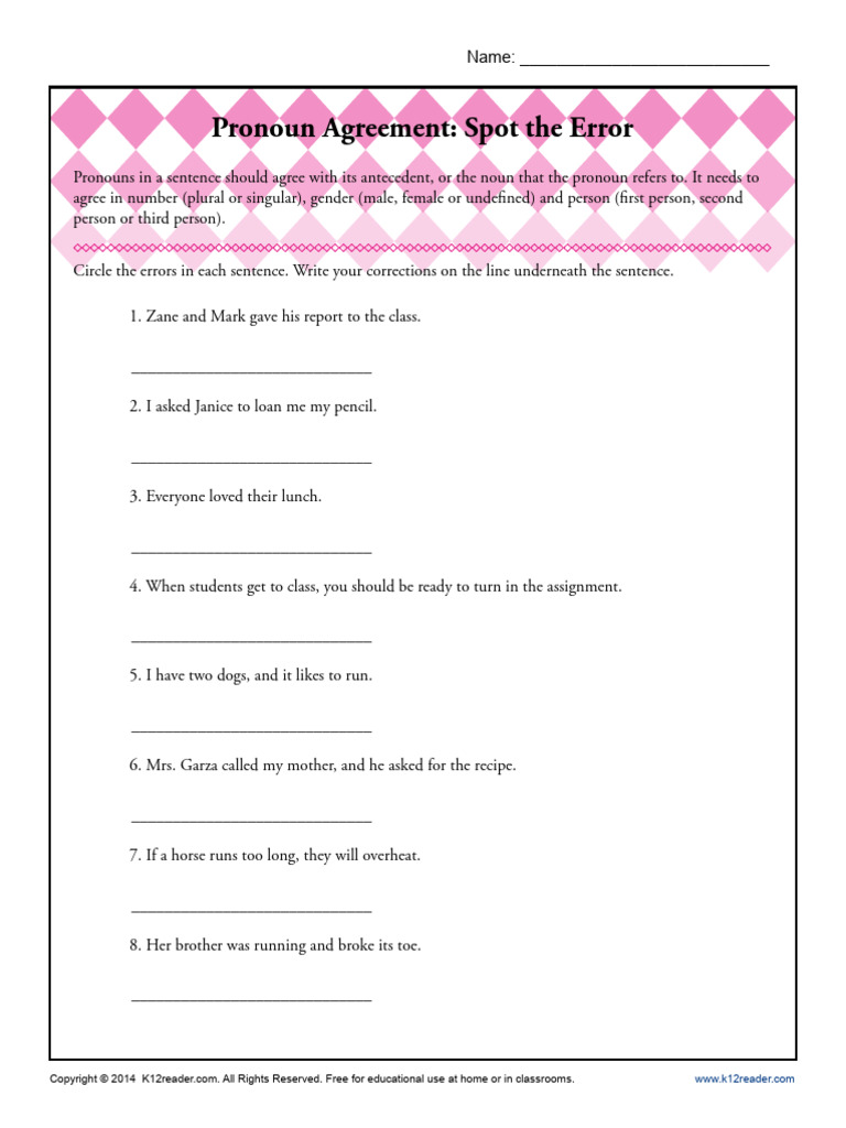Pronoun Agreement Spot The Error | PDF | Pronoun | Grammatical Gender