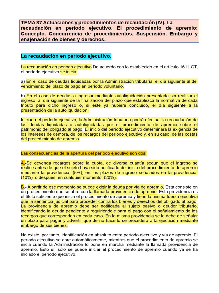 C1 TEMA 37 Actuaciones y Procedimientos de Recaudación (IV) - La Recaudación en Período ...