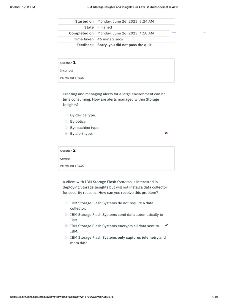 IBM Storage Insights and Insights Pro Level 2 Quiz Attempt Review PDF ...