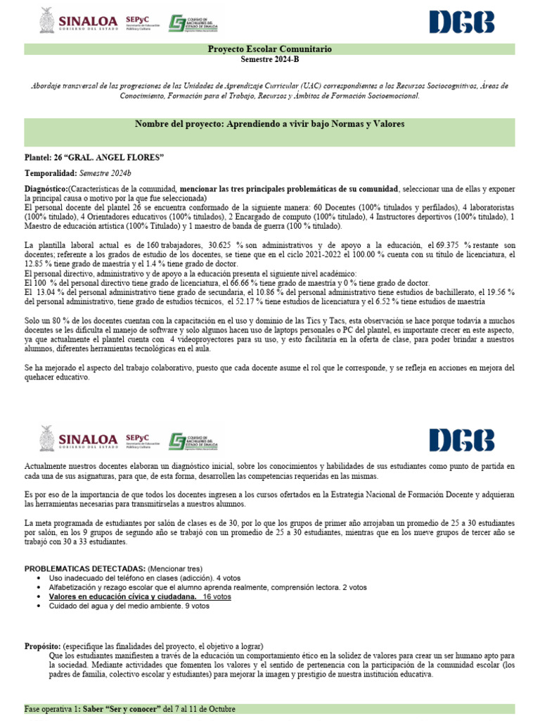 pl26 Proyecto Escolar Comunitario (PEC) 2024B con Orientaciones | PDF ...