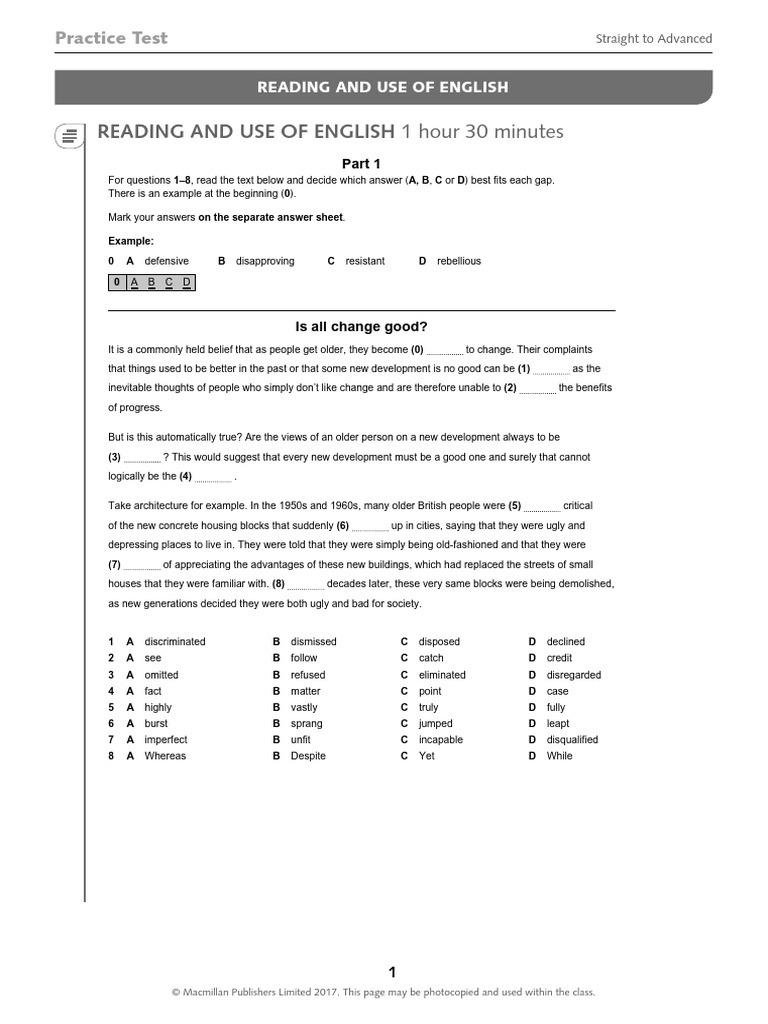 Advanced Practice Test Reading and Use of English Part 1 | PDF