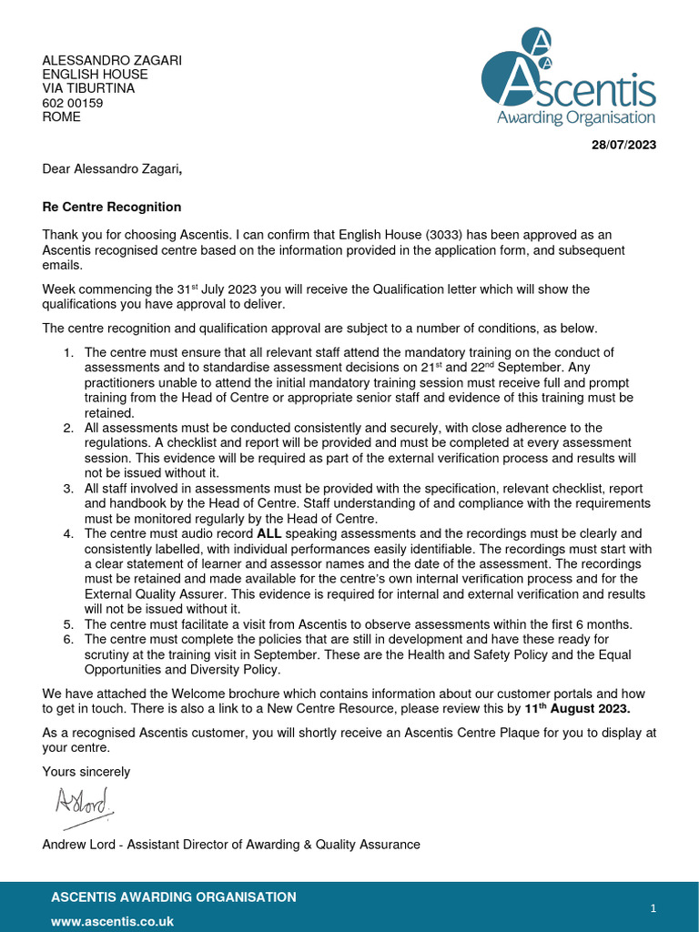 Ascentis Centre Recognition Approval | PDF