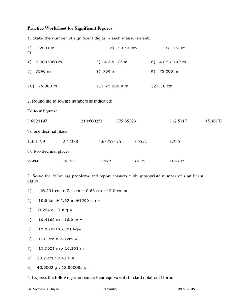 Practice Worksheet For Significant Figures: Dr. Victorio B. Duyan ...