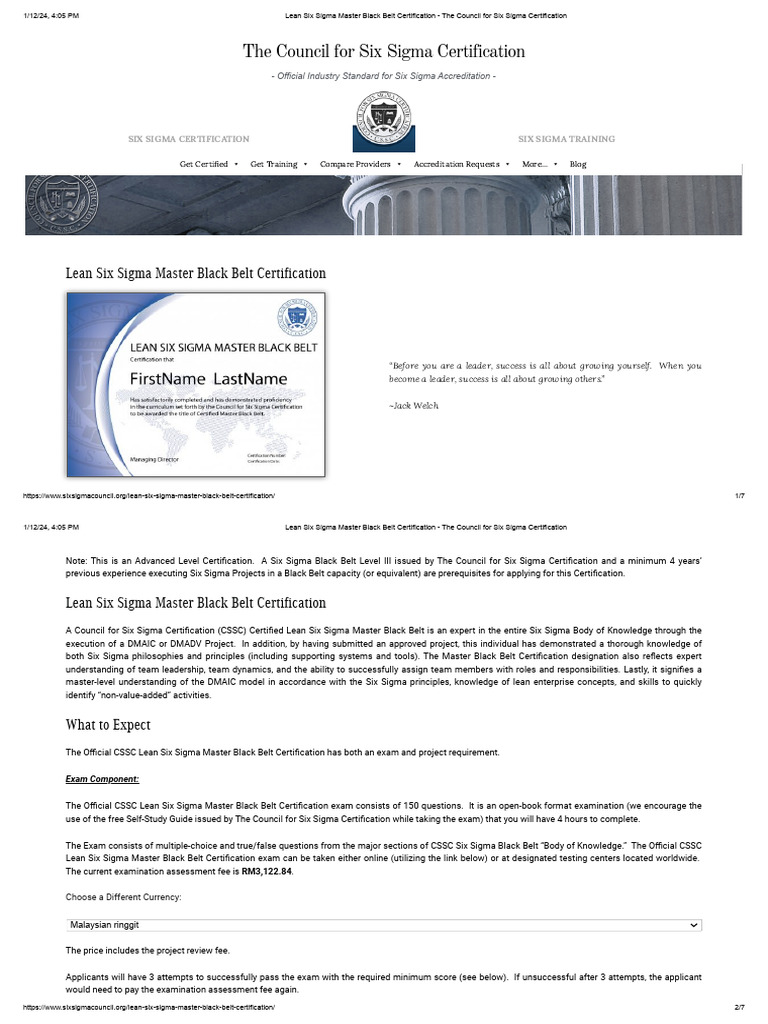 Lean Six Sigma Master Black Belt Guide | PDF | Six Sigma | Certification