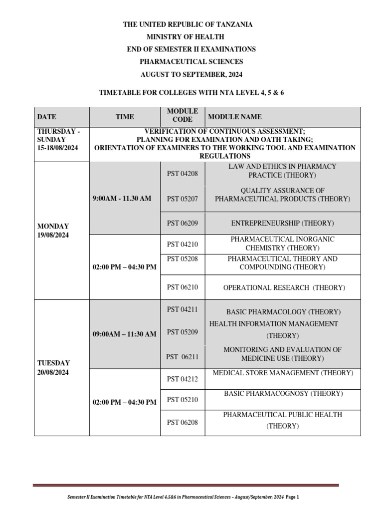 PST - Timetable For Colleges With Nta Level 4, 5 & 6 - August 2024 ...