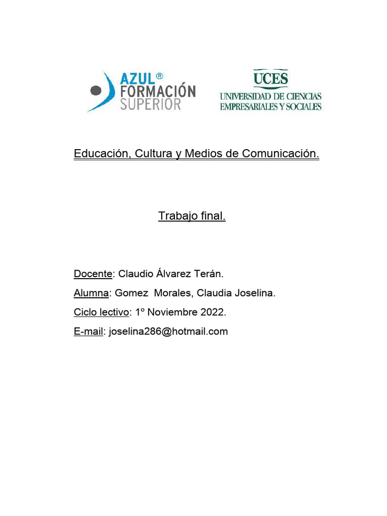 Gomez Morales Claudia-TPF-E.C. Y M.de C. | PDF | Escuelas | Enseñando