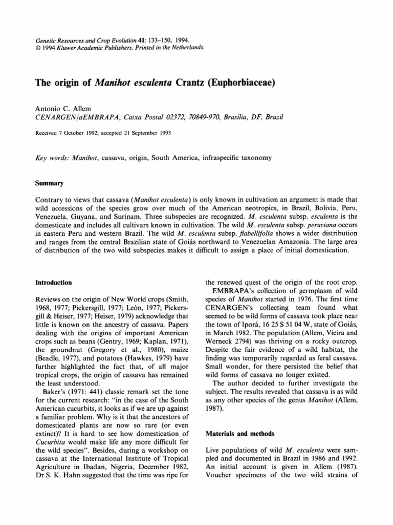 The Origin of Manihot Esculenta Crantz (Euphorbiaceae) | PDF | Species ...