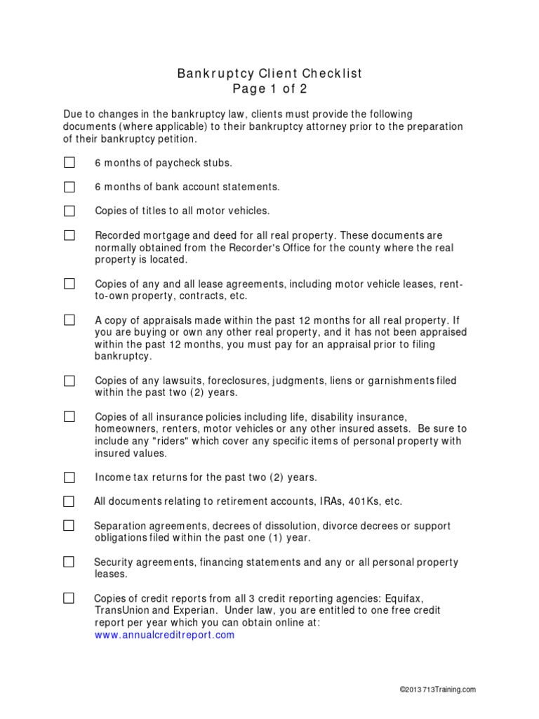 Bankruptcy Checklist Boxes | PDF | Bankruptcy | Credit