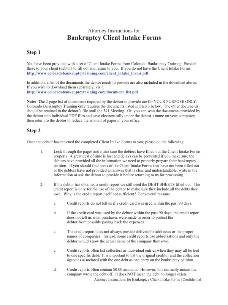 Attorney Intake Form Instructions | PDF | Bankruptcy | Credit