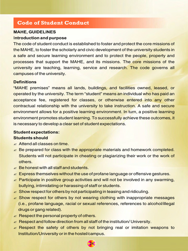 MAHE Student Conduct Guidelines | PDF | Substance Abuse