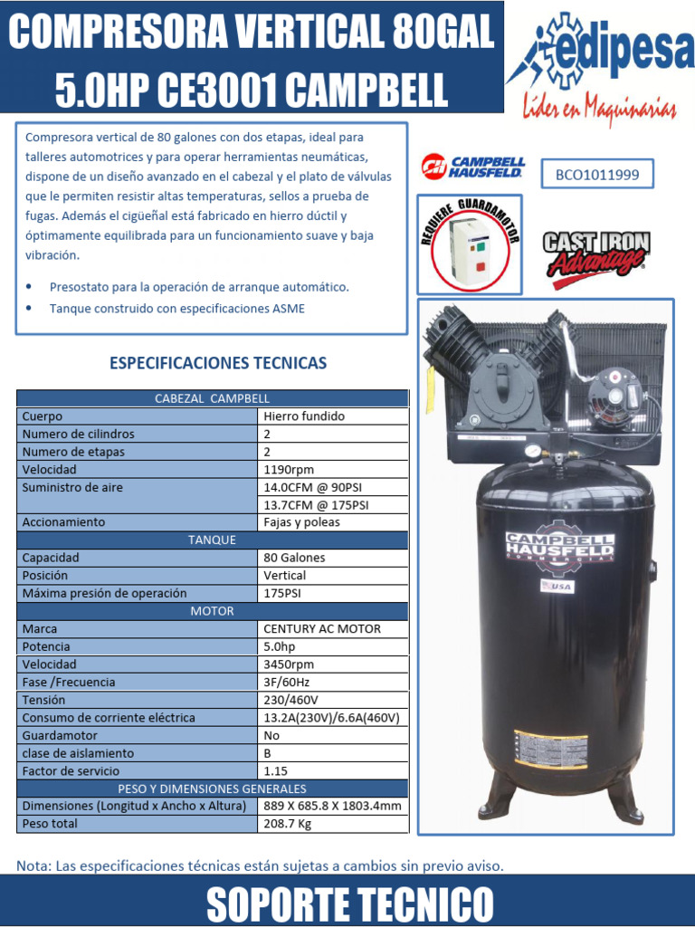 Compresora Vertical 5.0HP Ce3001 Campbell Ficha Tecnica | PDF