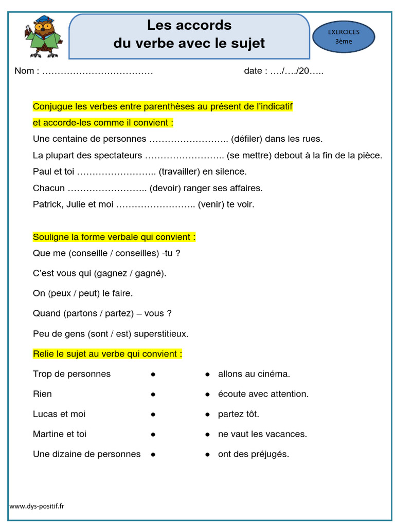 Exercices sur l'accord sujet-verbe | PDF | Verbe | Unités sémantiques