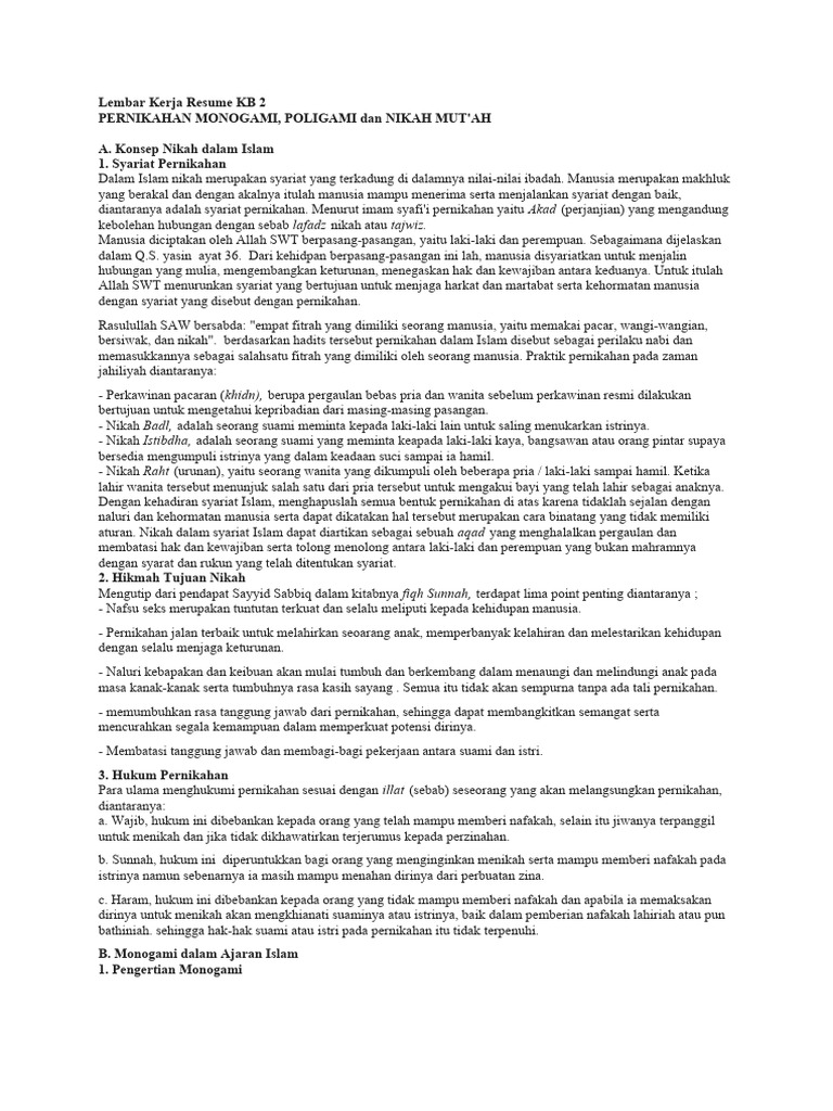 Lembar Kerja Resume KB 2 PERNIKAHAN MONOGAMI, POLIGAMI DAN NIKAH MUT'AH | PDF