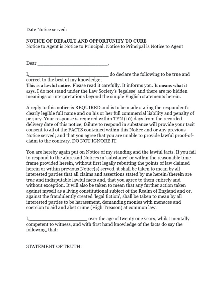 Notice of Default and Cure Opportunity | PDF | Common Law | Justice