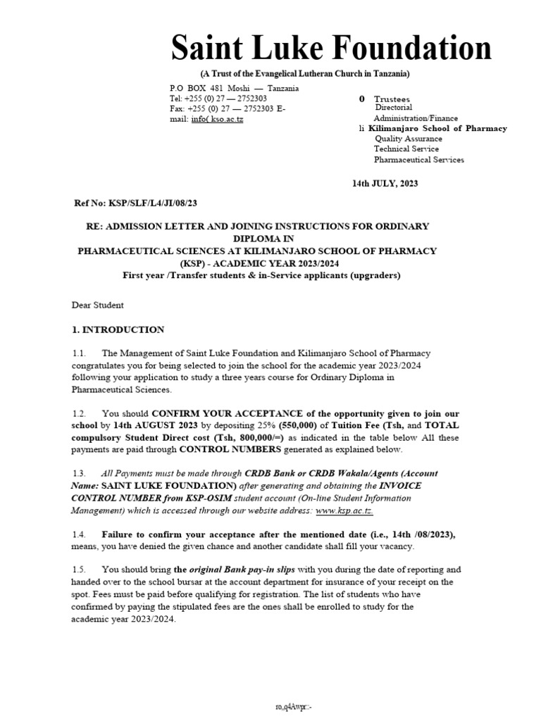 Joining Instruction and Admission Leter 2023-2024 2 | PDF | Fee | Banks