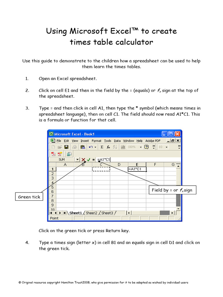 ICT Support For Maths Y3 Using Microsoft Excel To Create A Times Table ...