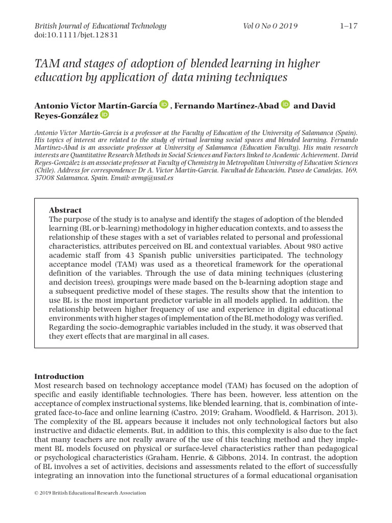 TAM and Stages of Adoption of Blended Learning in Higher Education by Application of Data Mining ...