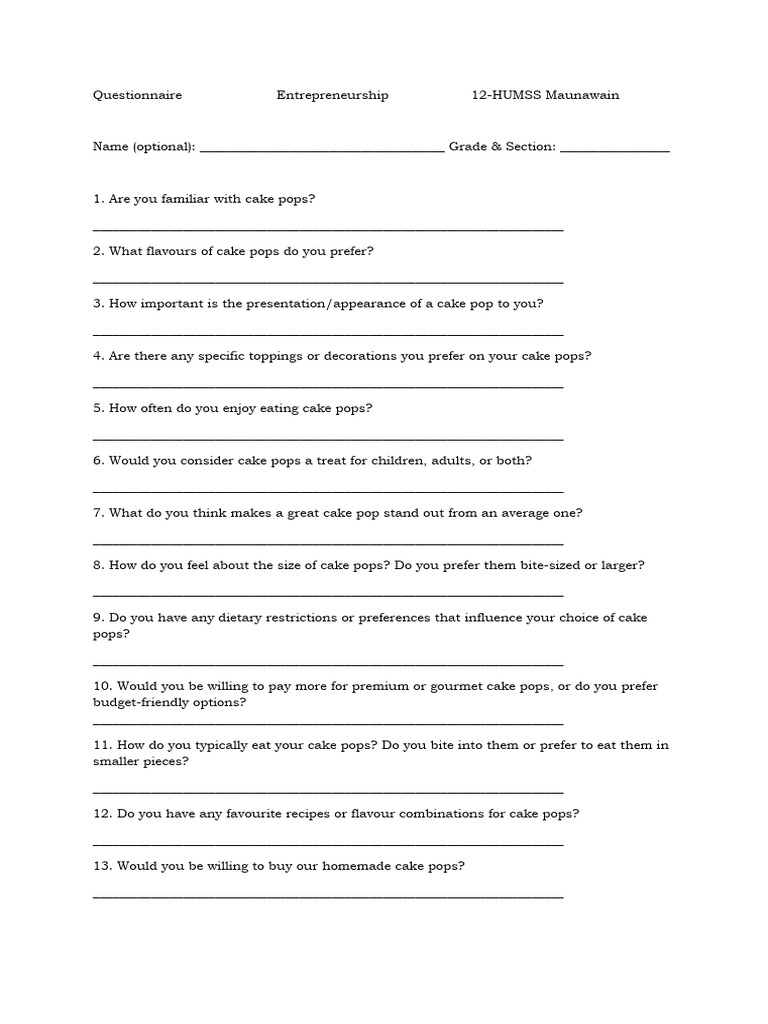 Entrep Business Plan Questionnaire | PDF | Cakes | Foods
