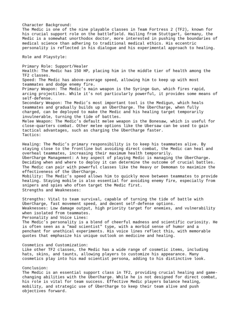 Team Fortress 2 (TF2) - Medic Class Overview | PDF | Military