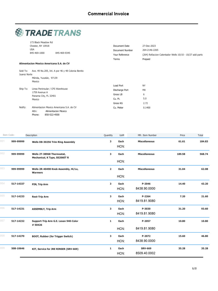 264-2146.INV - Wells Parts. (Llego Despues Del Pedimento) | PDF